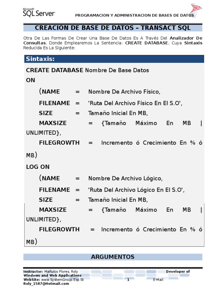 Sintaxis de Creación de Base de Datos - Transact SQL | PDF | Servidor SQL de Microsoft | Archivo ...