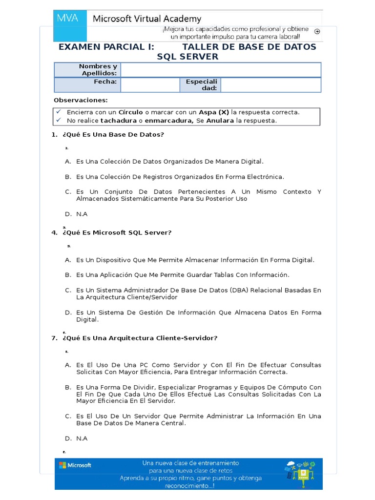 Examen Parcial I - Teórico | PDF | Servidor SQL de Microsoft | SQL
