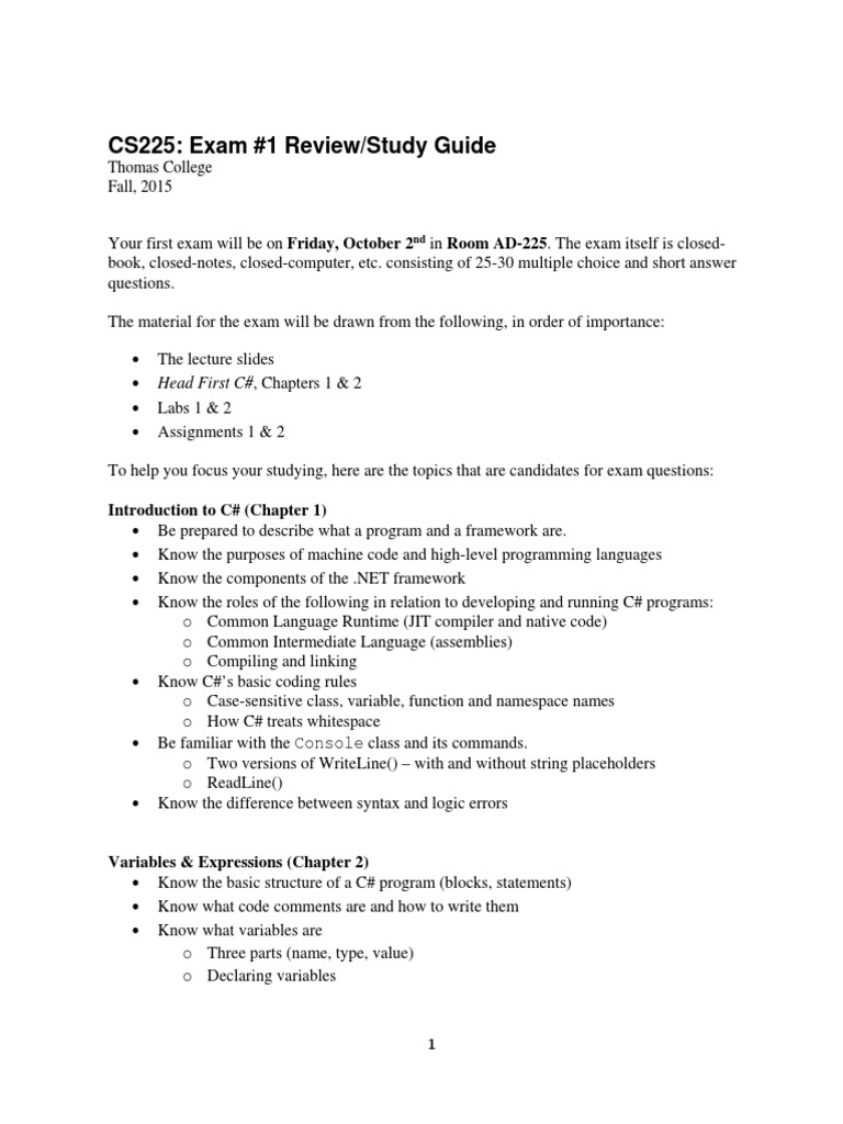 CS225: Exam #1 Review/Study Guide: in Room AD-225. The Exam Itself Is ...