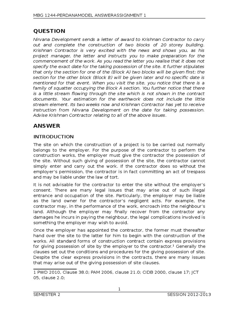 Assignment 1 - Model Answer | PDF | Breach Of Contract | General Contractor