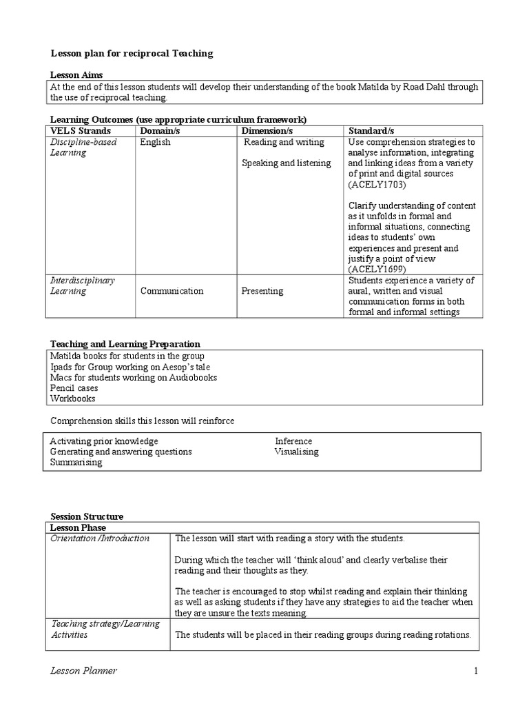 Reciprocal Teaching Lesson Plan for Matilda | PDF | Reading ...