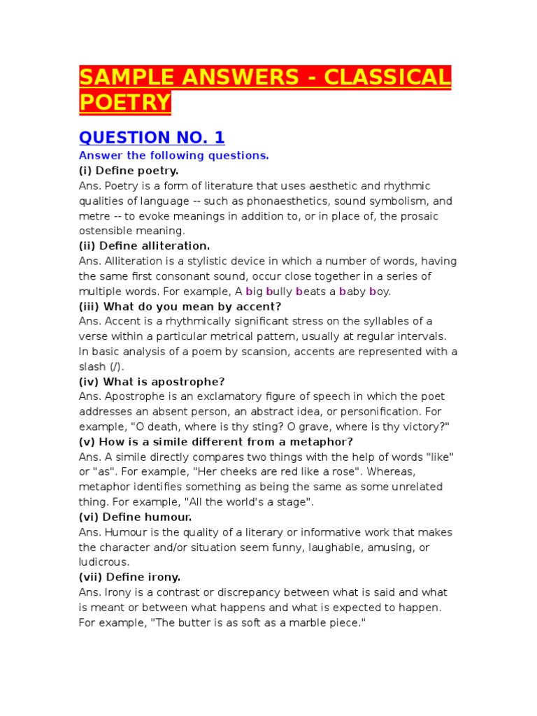 CLASSICAL POETRY ANSWERS | PDF | Oedipus | Othello