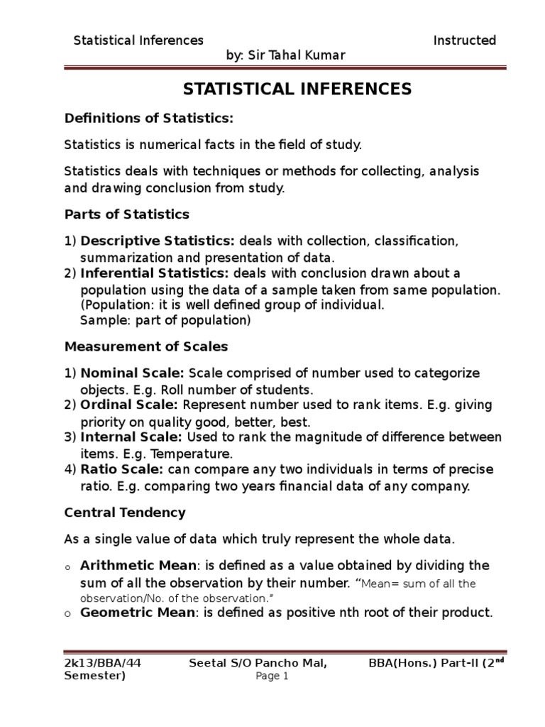 Statistical Inferences Notes | PDF | Level Of Measurement | Arithmetic Mean