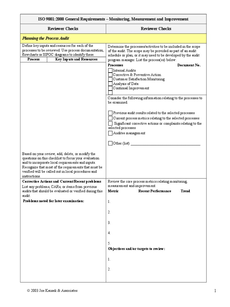 9001 Audit Checklist-Monitoring Measurement and Improv | PDF | Iso 9000 ...