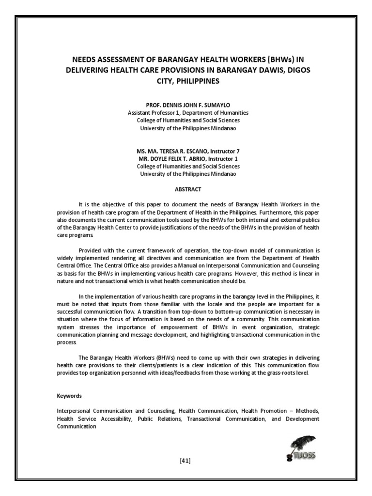 Community Needs Assessment Sample Barangay Health Workers | Top Down ...
