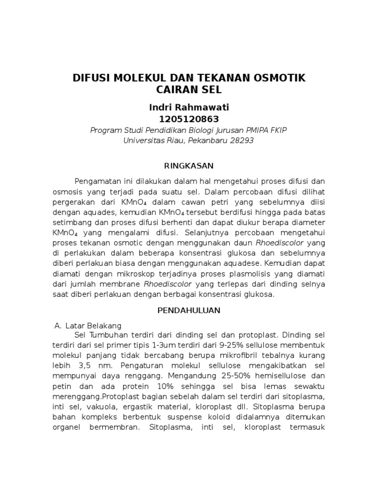 Jurnal Difusi Molekul Dan Tekanan Osmotik Cairan Sel Indrii | PDF