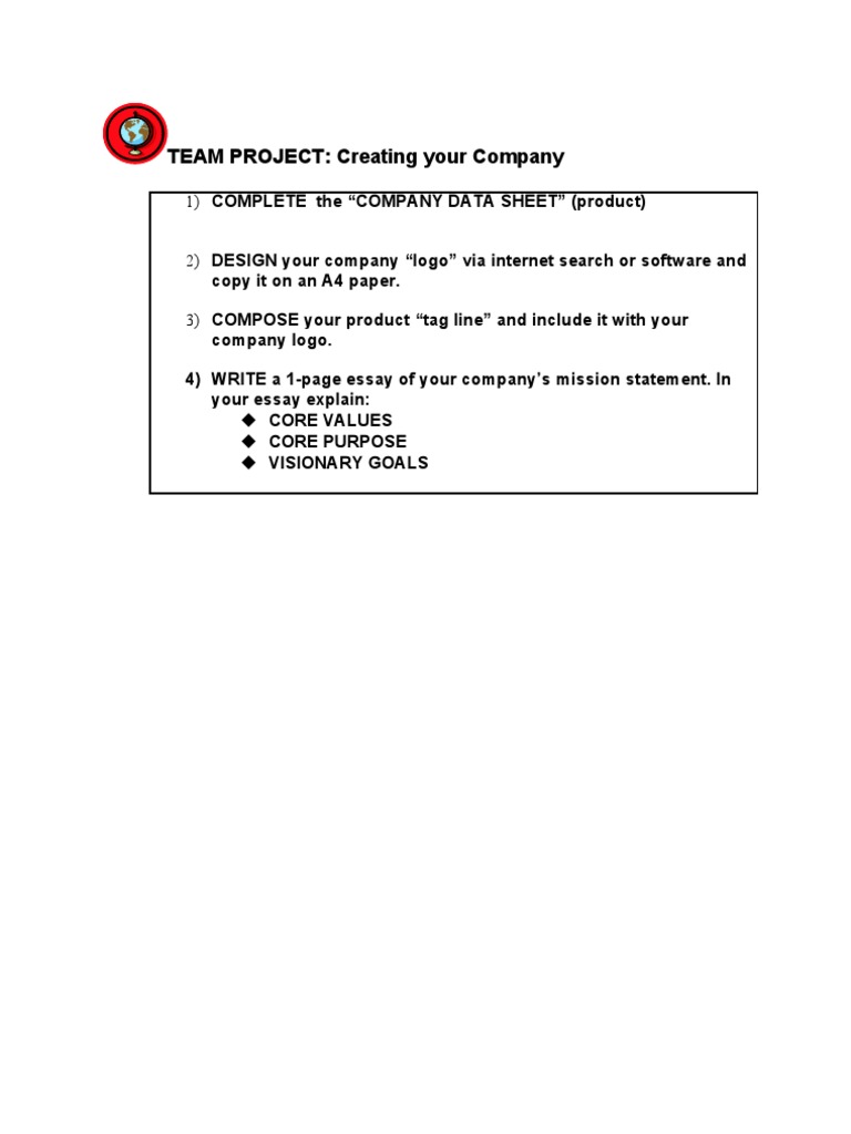TEAM PROJECT: Creating Your Company: 1) COMPLETE The "COMPANY DATA ...