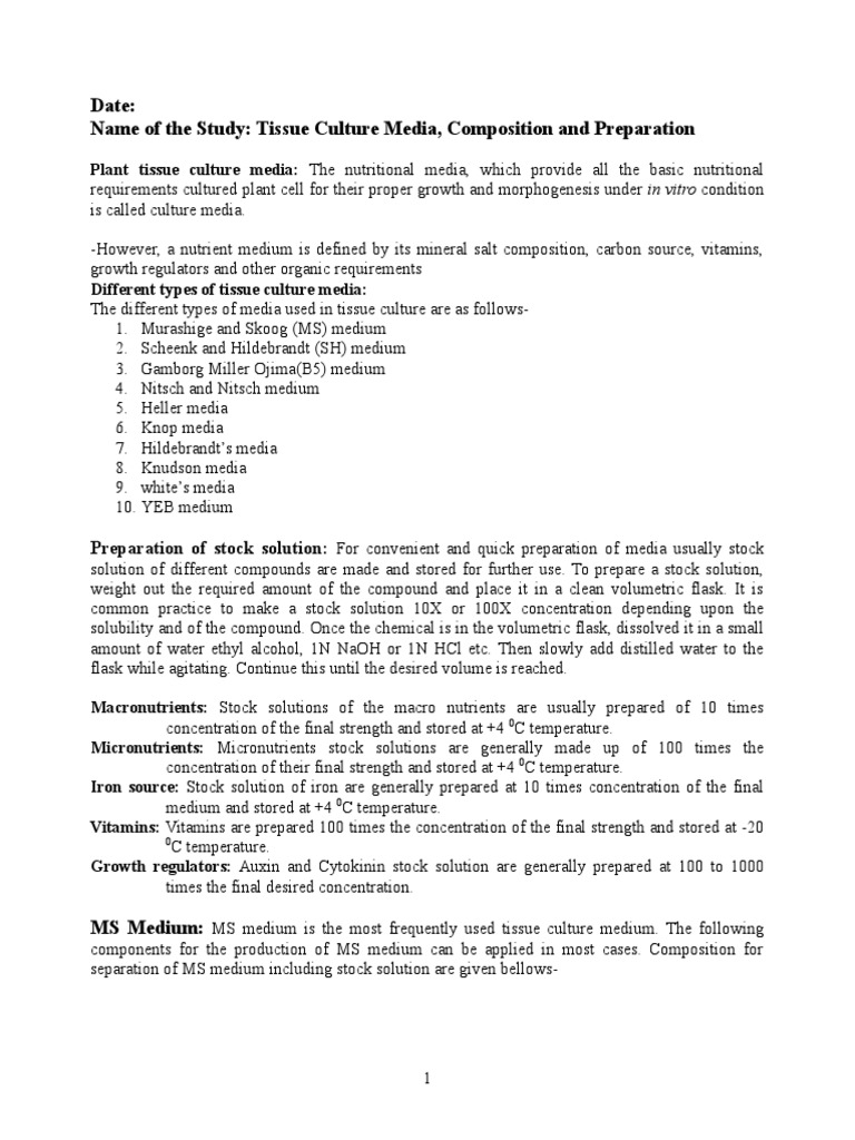 Exp 2. Tissue Culture Media Composition and Preparation1 | PDF | Auxin ...
