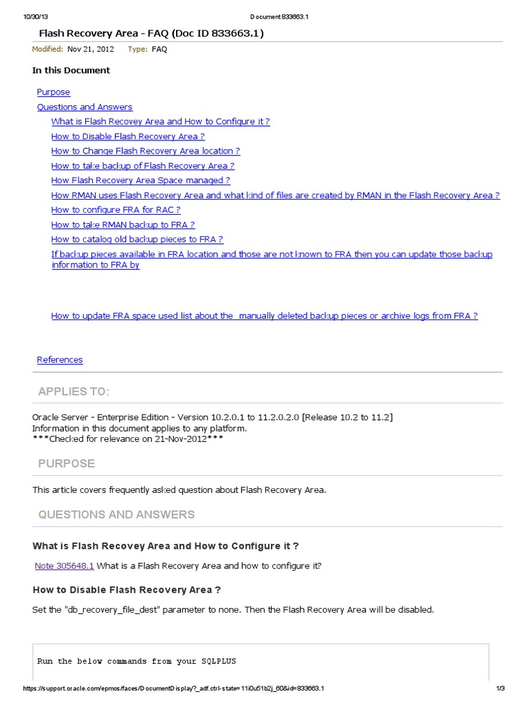 Flash Recovery Area Faq Doc Id 833663 1 Pdf Backup Oracle