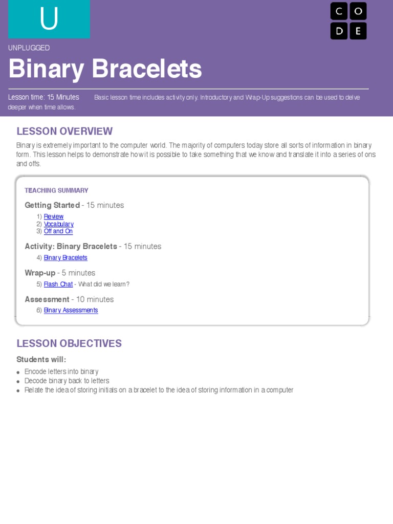Binary Bracelets Lesson Plan | PDF | Bit | Information