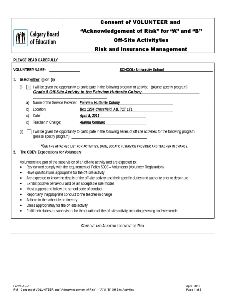 Volunteer Risk Acknowledgement | PDF | Allergy | Risk