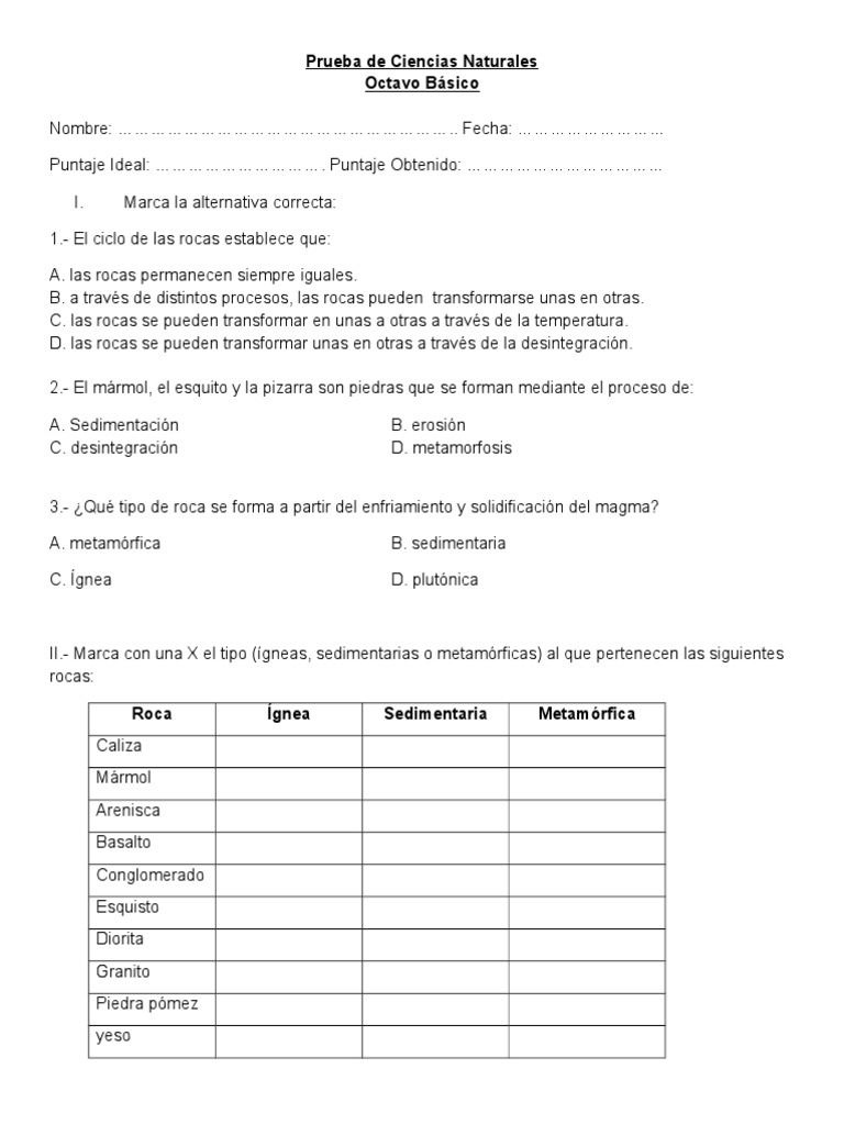 Prueba Tipos de Rocas | PDF