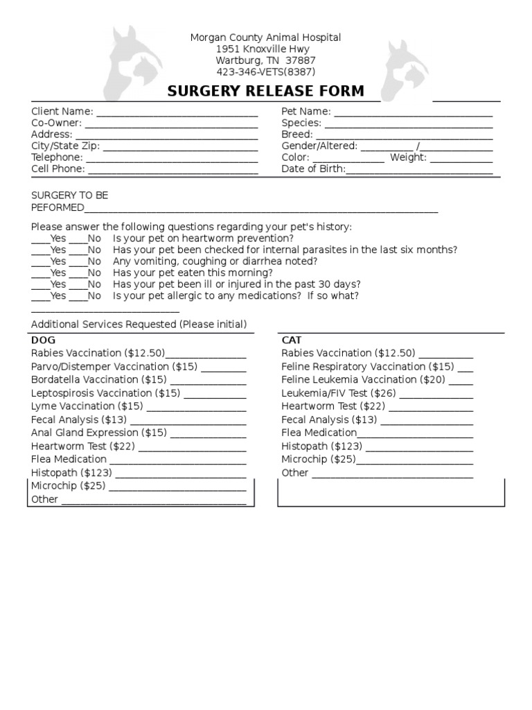 Surgery Release Form for Pets | PDF