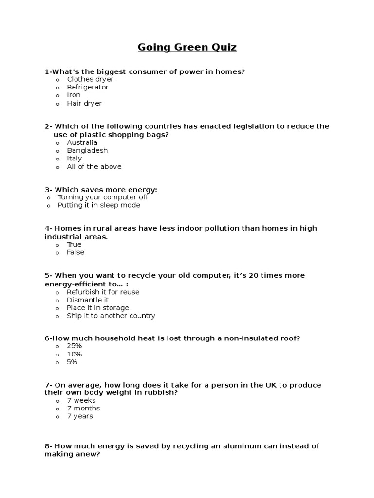 Going Green Quiz | PDF | Recycling | Waste