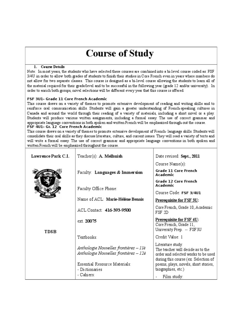 FSF 3/4U1 Course: Grade 11-12 Core French Academic | PDF | Homework ...