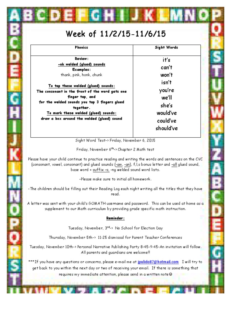 Phonics and Sight Words Update: 11/2-11/6 | PDF | Wellness