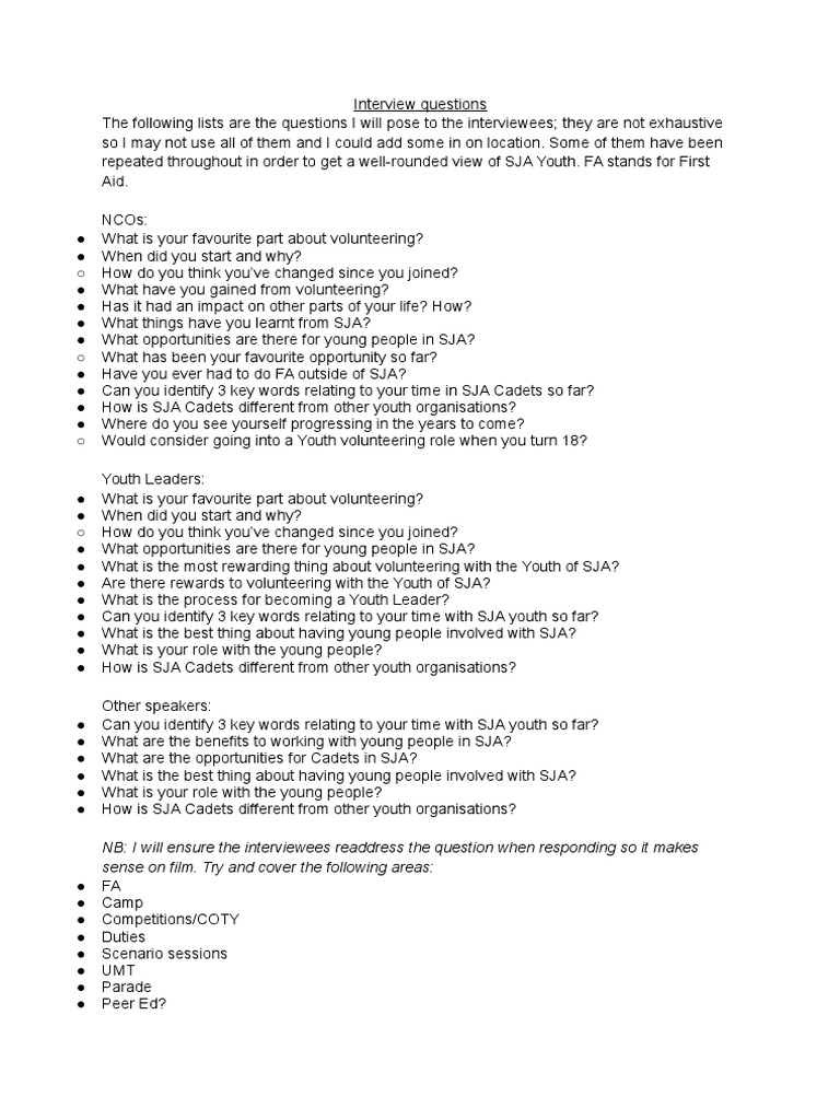 SJA Youth: Interview Questions Guide | PDF | Learning | Cognition