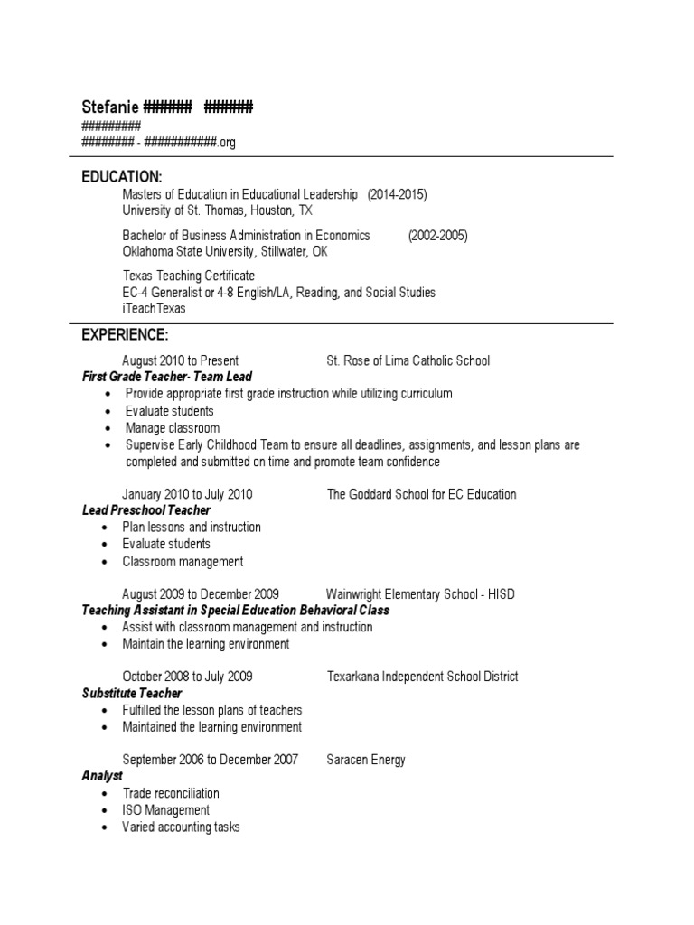 First Grade Teacher Resume Overview | PDF