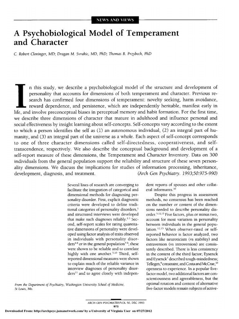 Cloninger's Psychobiological Model | PDF | Memory | Personality Disorder