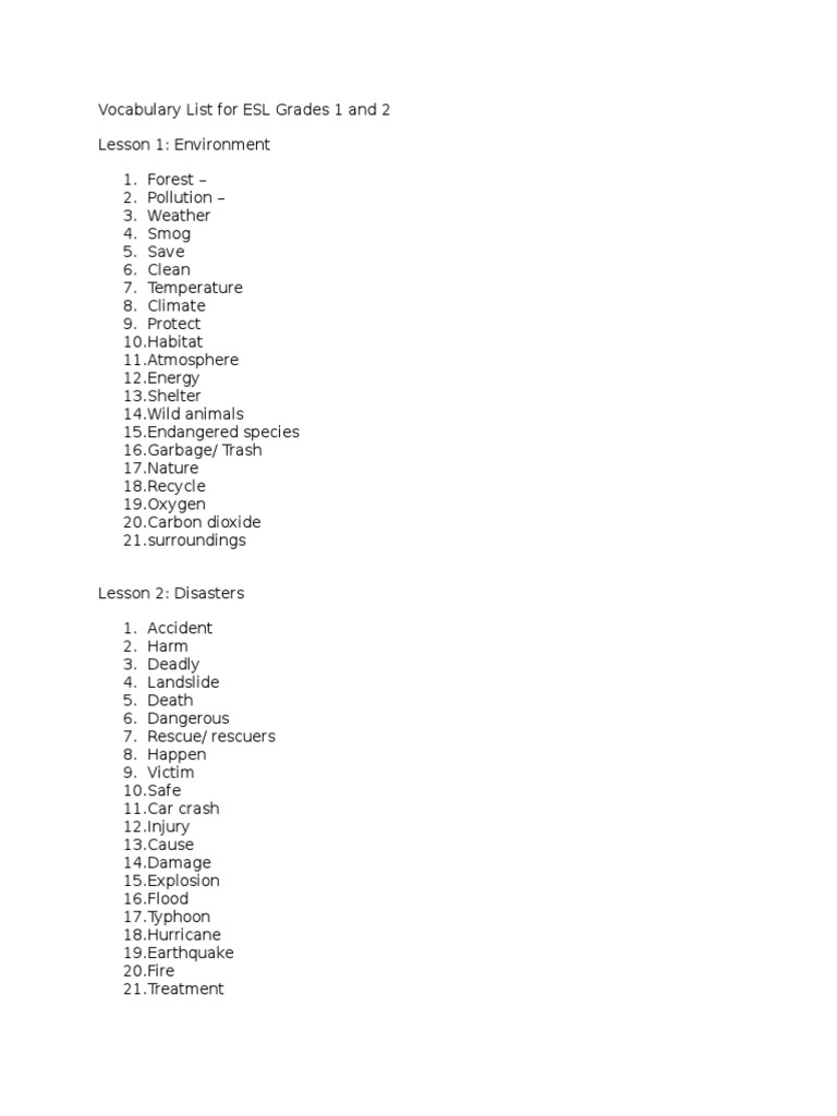 Vocabulary List For ESL 1 | PDF | Meal | Nature