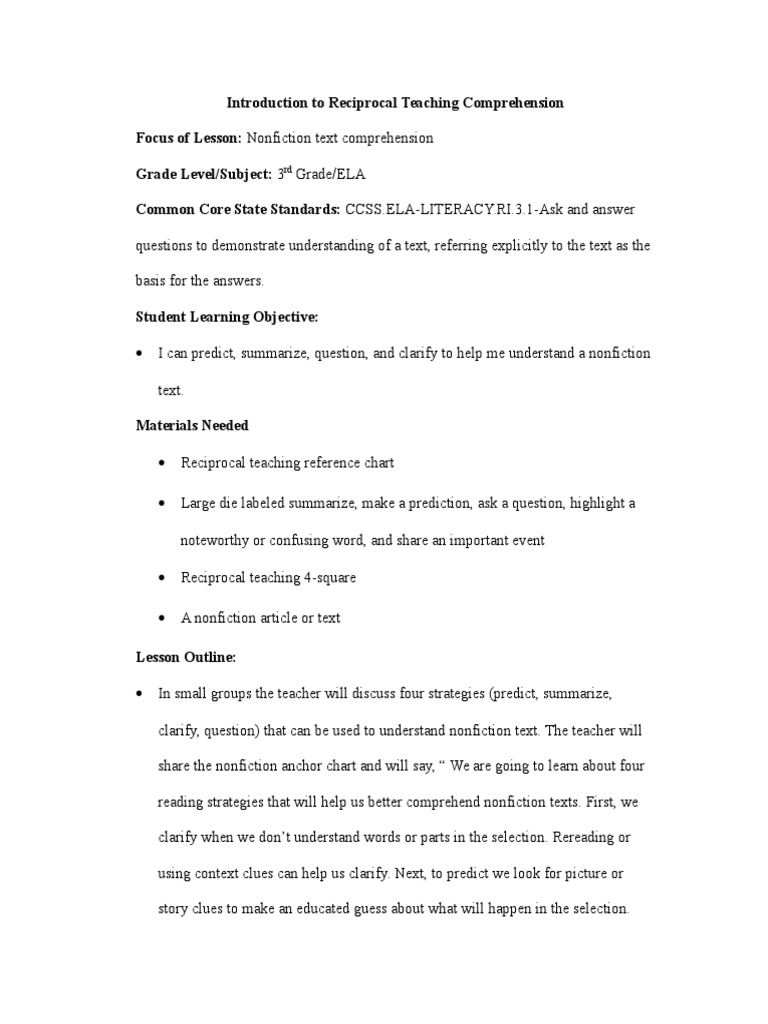 Reciprocal Teaching Strategies for ELA | PDF | Reading Comprehension ...