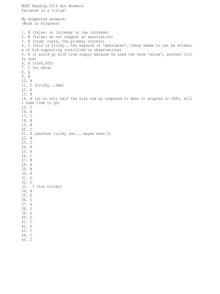 MUET Reading Nov 2014 Answer Key | PDF