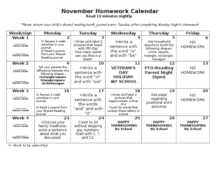 November Homework Schedule | PDF | Foreign Language Studies | Home & Garden
