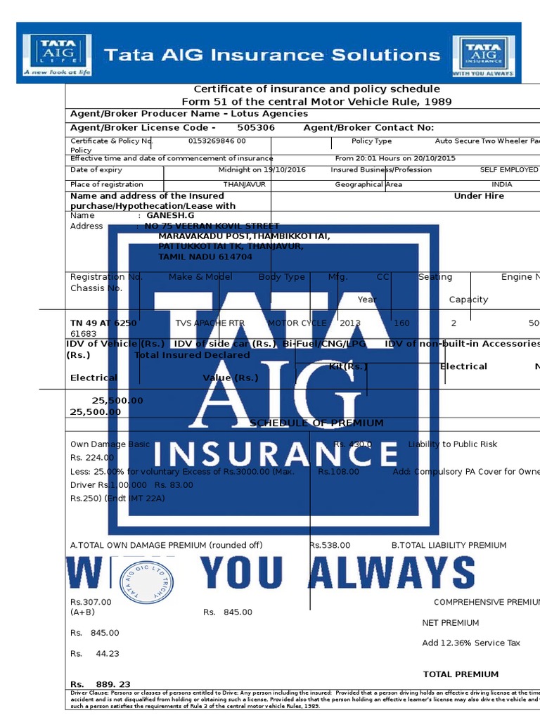 Insurance Certificate and Policy Schedule | PDF | Insurance | Vehicles