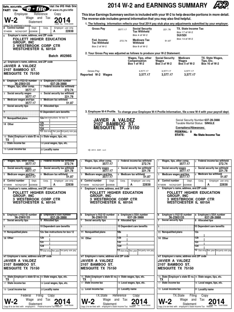 Javier Valdez's 2014 W-2 and Earnings Summary | PDF | Social Security ...