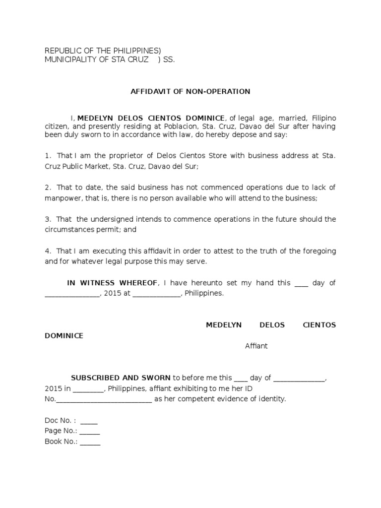 Affidavit of Non Operation (BIR) | PDF