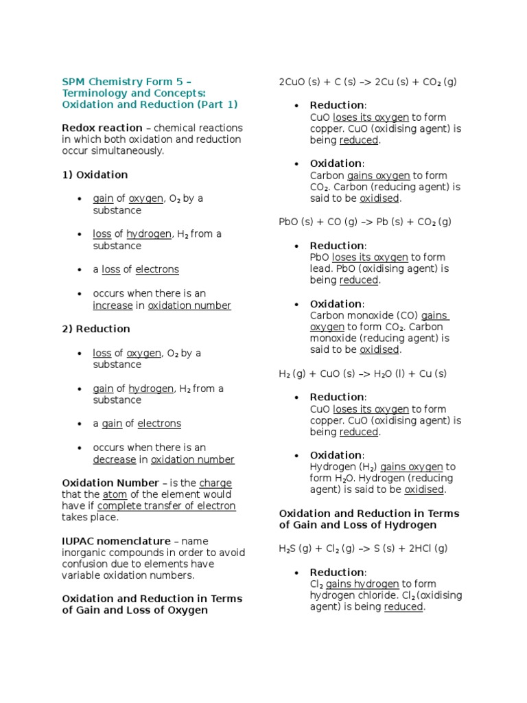 SPM Chemistry Form 5 - Terminology and Concepts: Oxidation and ...