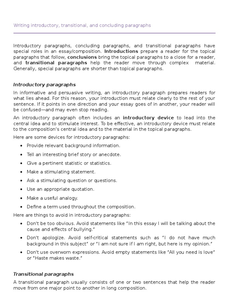 Writing Introductory, Transitional, and Concluding Paragraphs | PDF ...