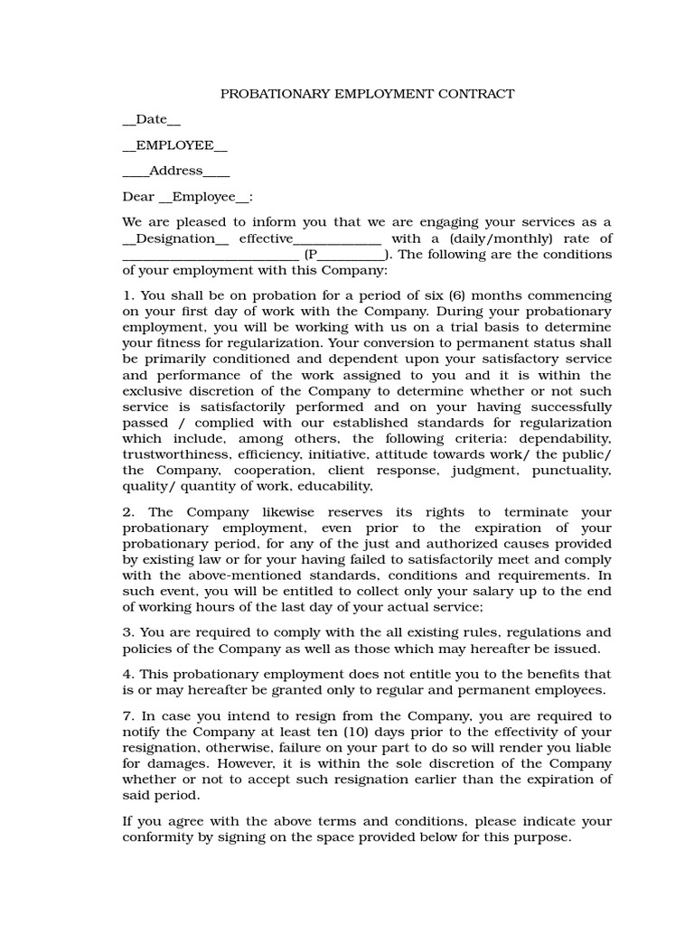 Probationary Employment Contract Sample | Contractual Term | Employment