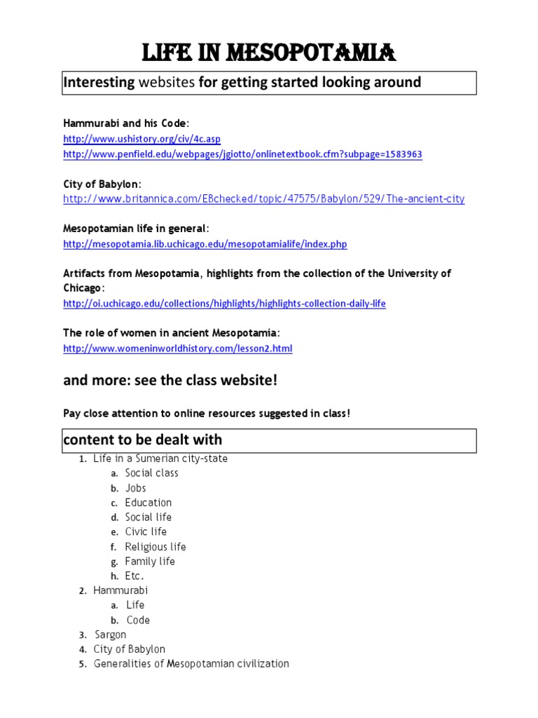 ch2 Life in Mesopotamia Inquiry Projects | PDF | Mesopotamia | Sumer