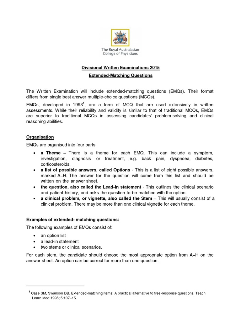 EMQExample Racp | PDF | Multiple Choice | Congenital Heart Defect