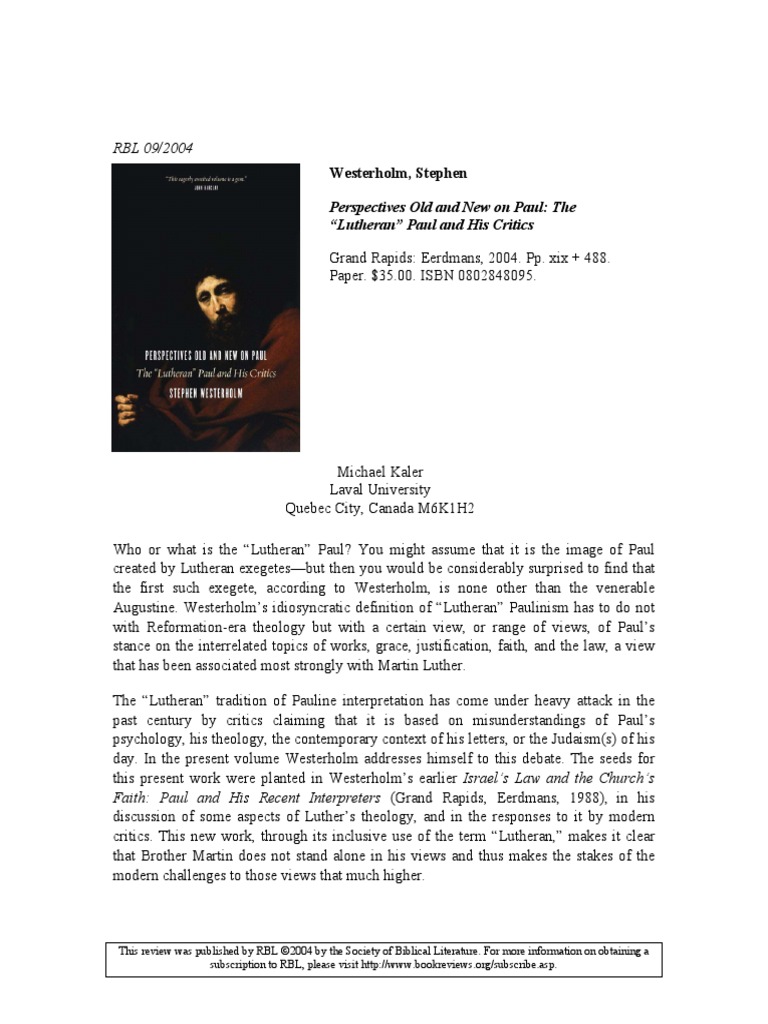 Westerholm - Perspectives Old and New On Paul - Review | PDF | Justification (Theology) | Paul ...