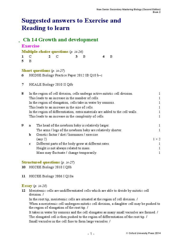 Chapter 14 (Growth & Development) Exercise Solution | PDF | Seed | Root