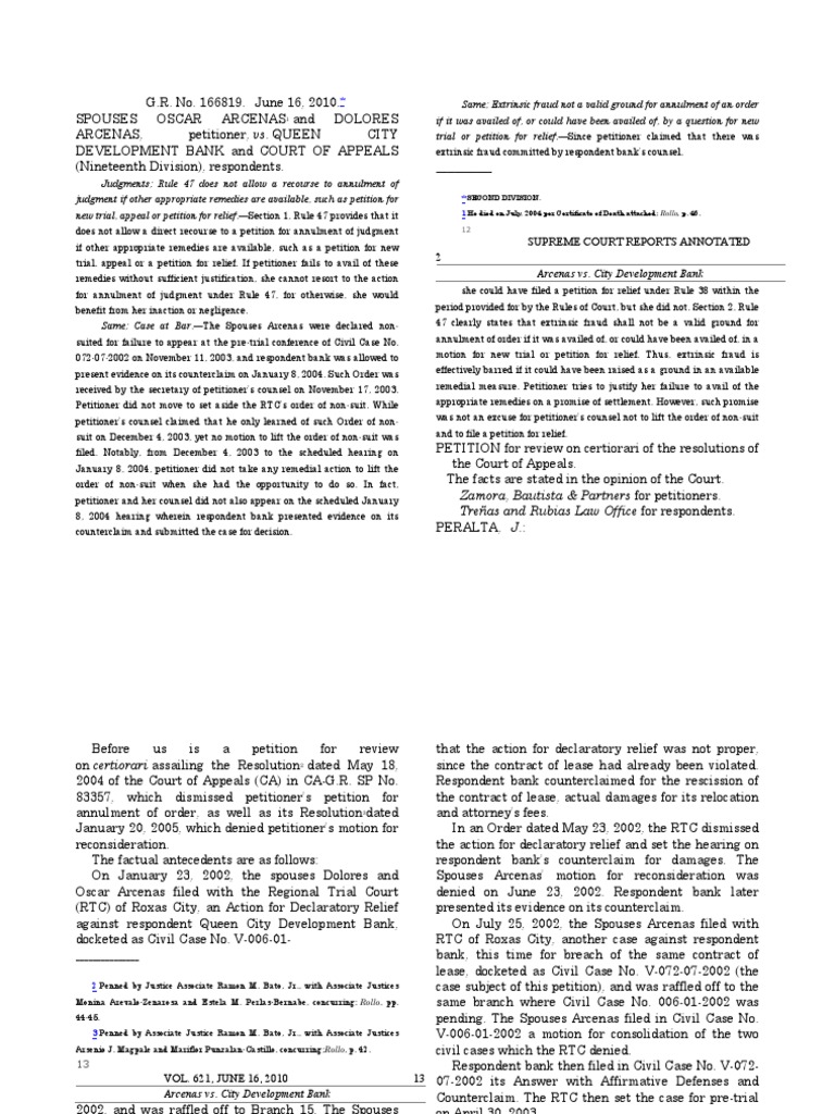 2arcenas vs. City Development Bank | PDF | Lawsuit | Annulment