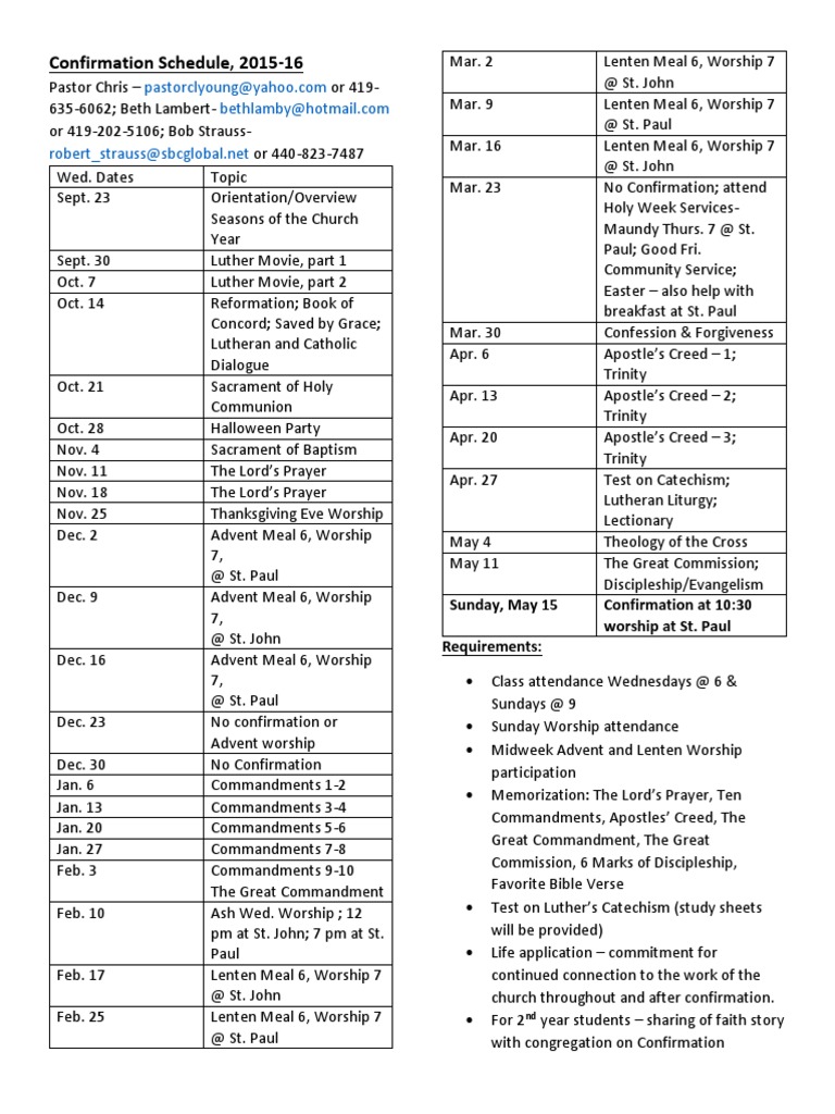 Confirmation Schedule '15-'16 | PDF | Social Science | Religion ...