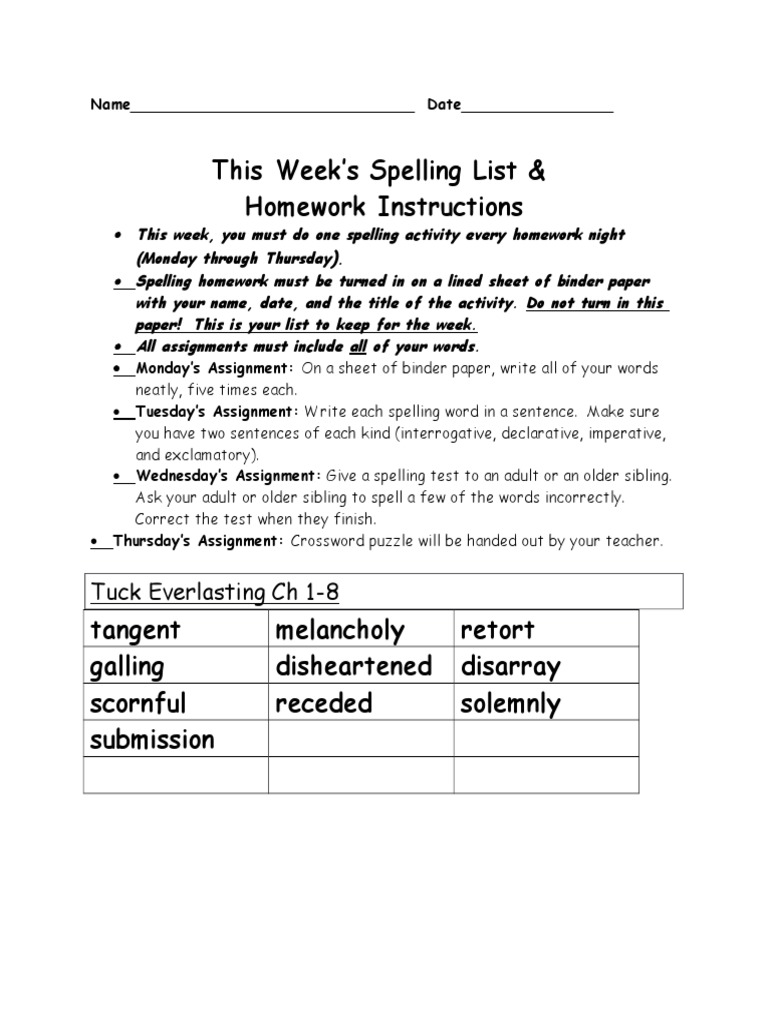 Weekly Spelling Homework Instructions | PDF