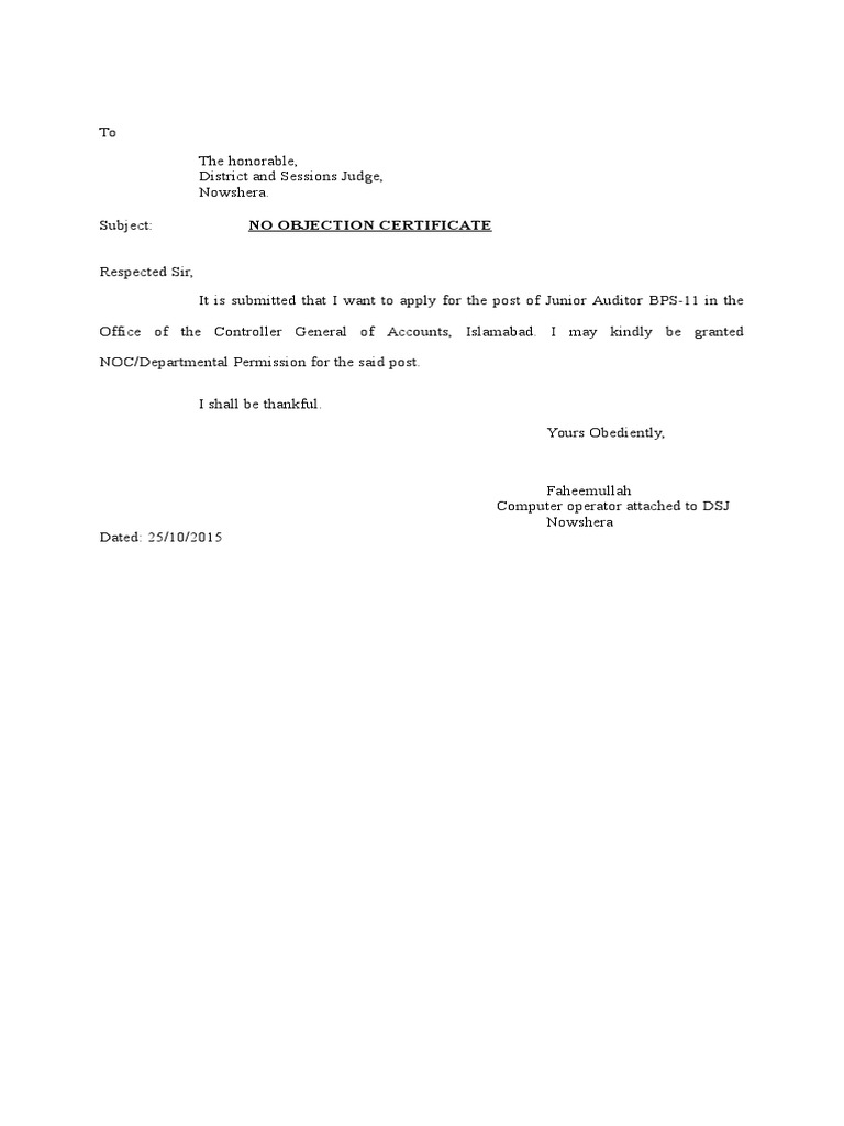 NOC Request for Junior Auditor Position | PDF