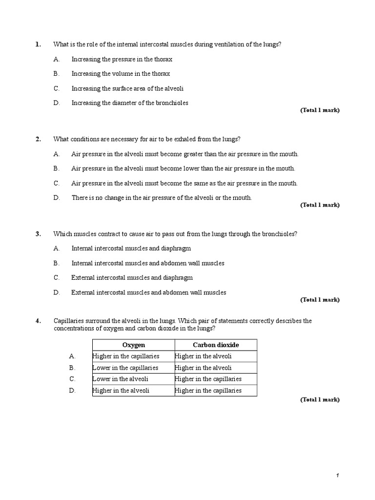 Gas Exchange MCQs for Biology Students | PDF | Respiratory System ...