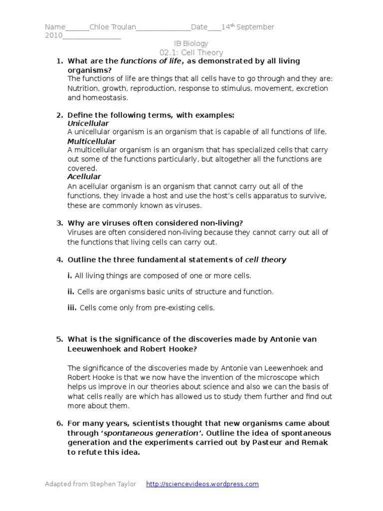 02.1 Cell Theory Worksheet | PDF | Organisms | Stem Cell