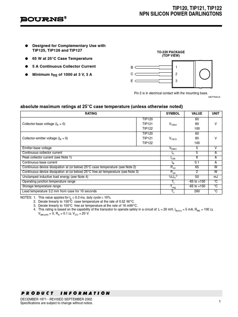 TIP120, TIP121, TIP122 NPN Silicon Power Darlingtons | PDF | Bipolar ...