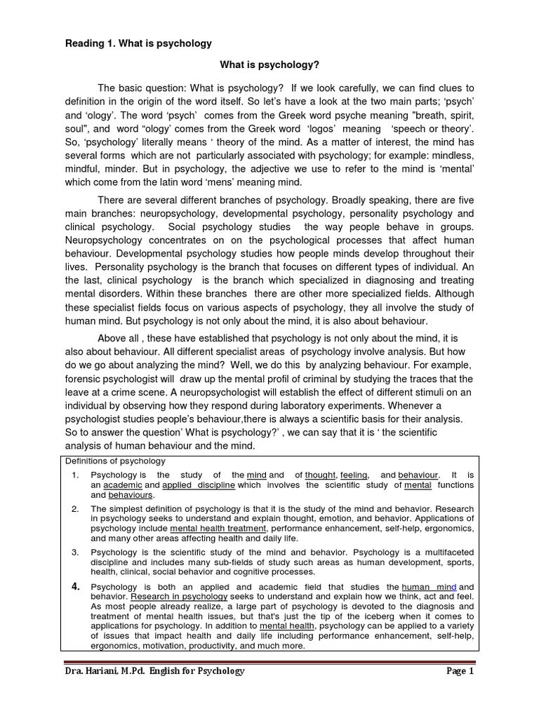 READING 1 & 2 English For Psychology-1 PDF | PDF | Behaviorism | Mind