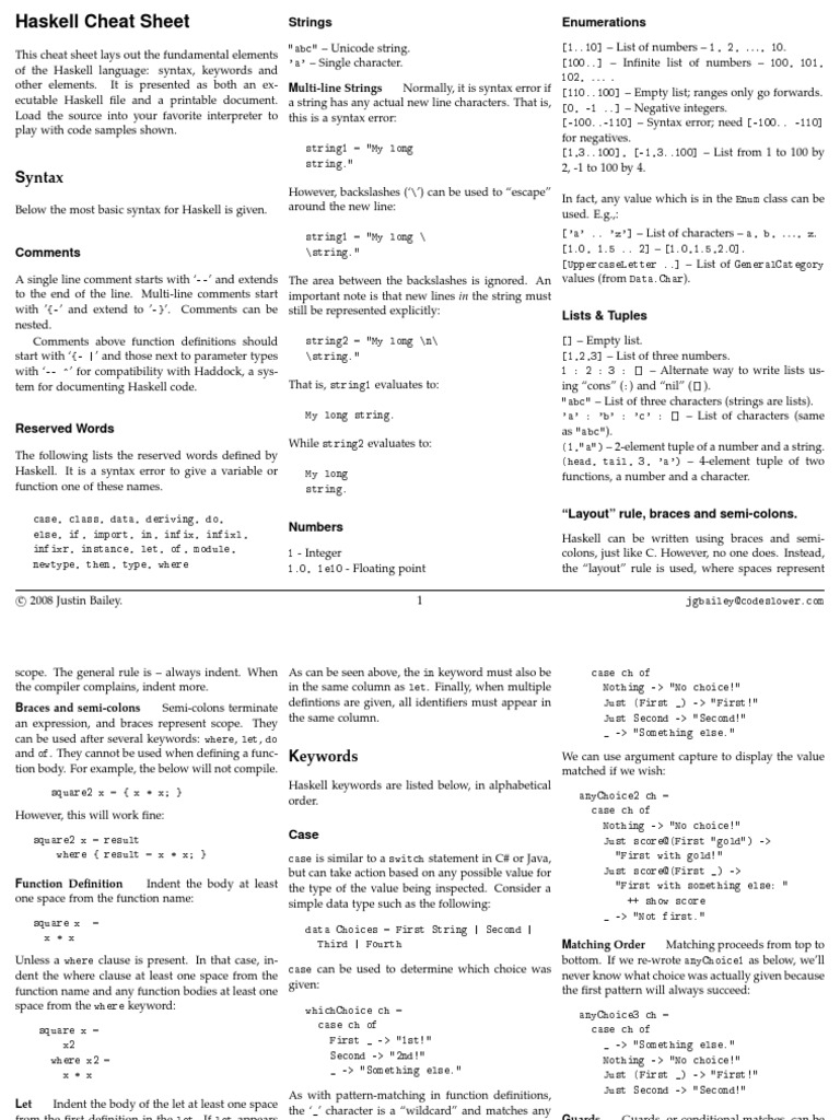Haskell Cheat Sheet | PDF