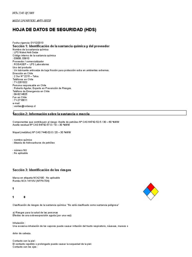 Msds Lps Nickel Anti-Seize | PDF | Dióxido de carbono | Agua
