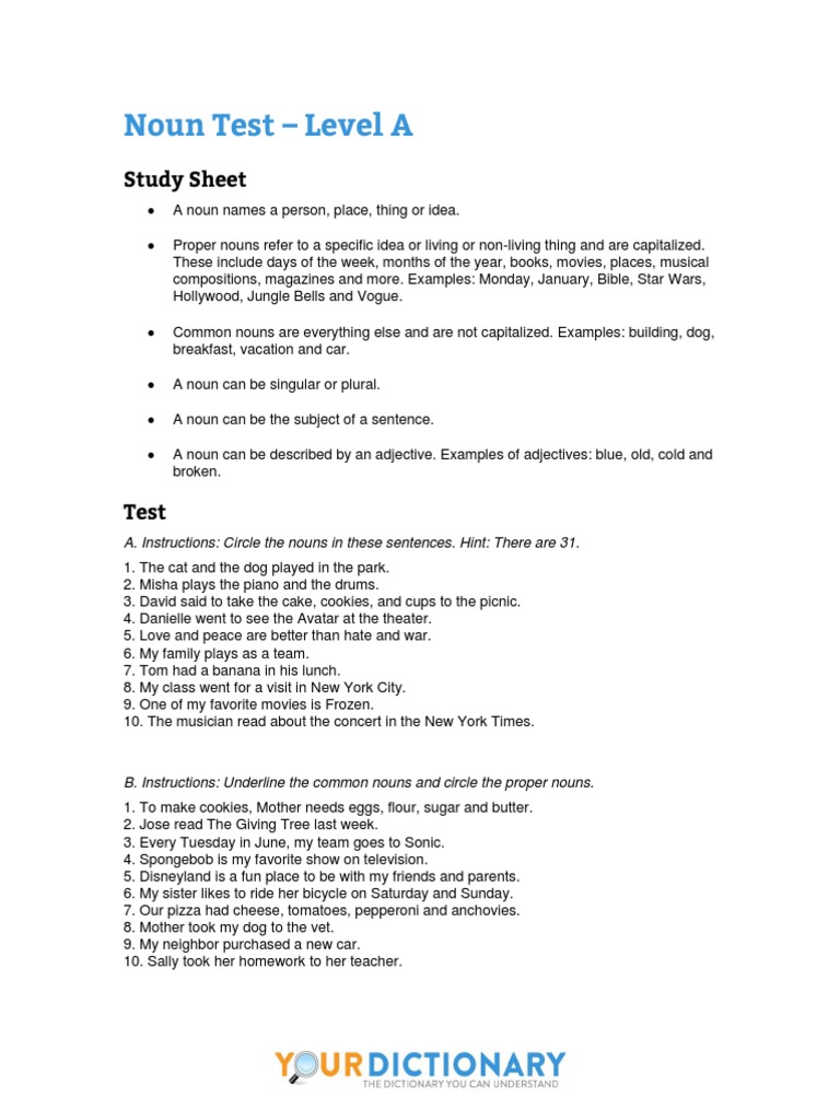 Noun Test - Level A: Study Sheet | PDF