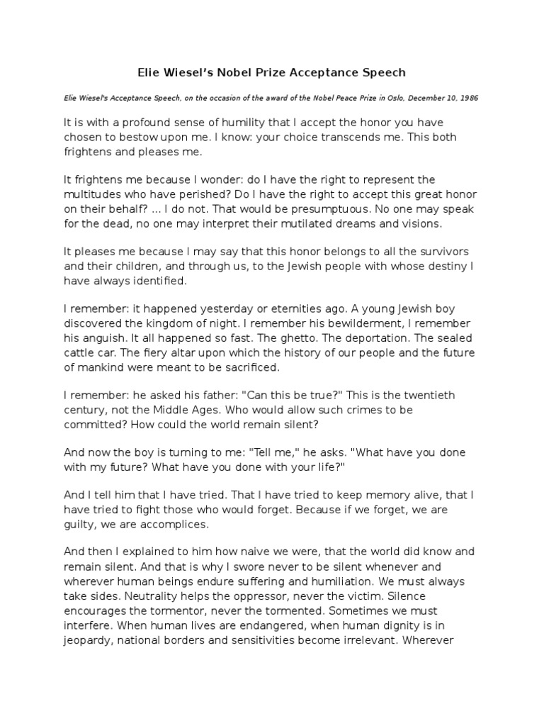 Elie Wiesel Nobel Speech | PDF | The Holocaust | Nobel Prize