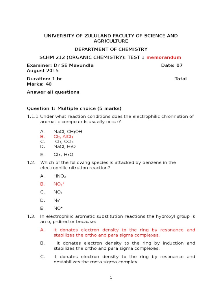 Organic Chemistry Test 1 Memorandum | PDF | Organic Reactions | Organic ...